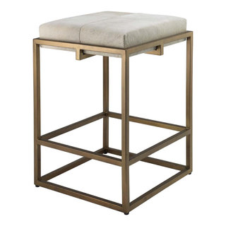 Luxe Open Geometric Brass Gold Frame Counter Stool White Hair on Hide ...