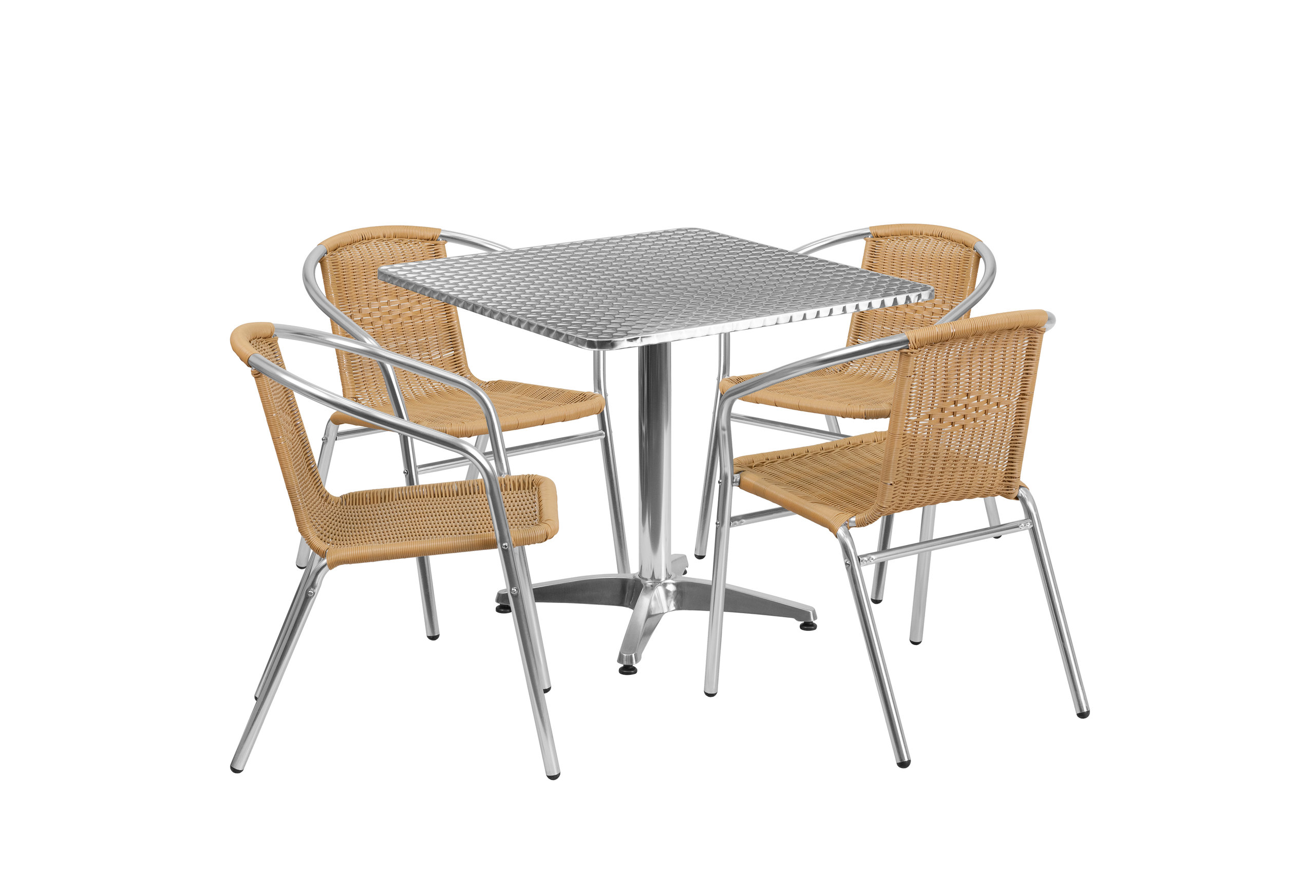31.5'' Square Aluminum Indoor-Outdoor Table Set with 4 Beige Rattan ...