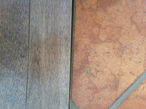 Wood floor adjoining terra cotta tile floor