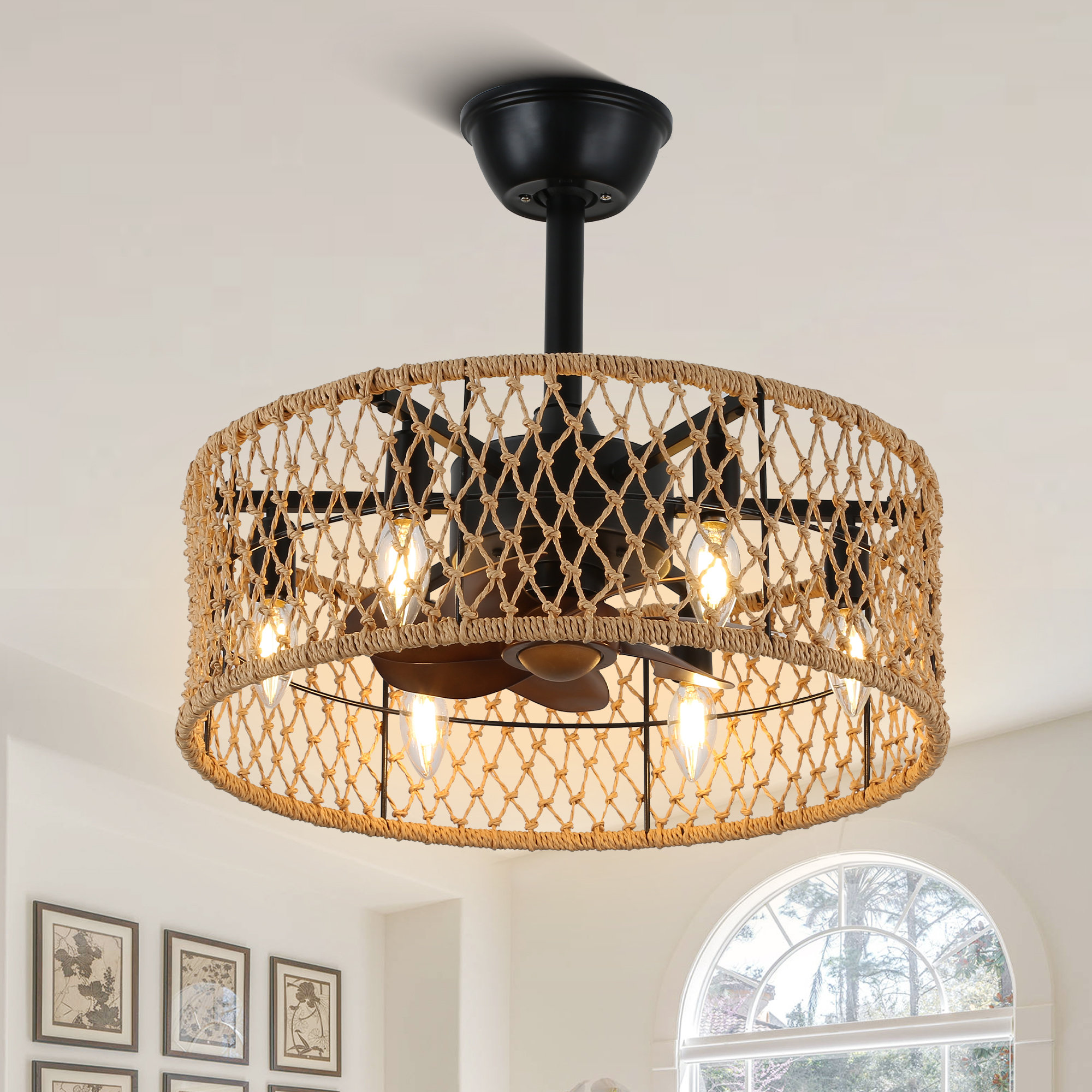 Aura Aura 18" Boho Caged Farmhouse Woven Rattan Ceiling Fan with Lights ...