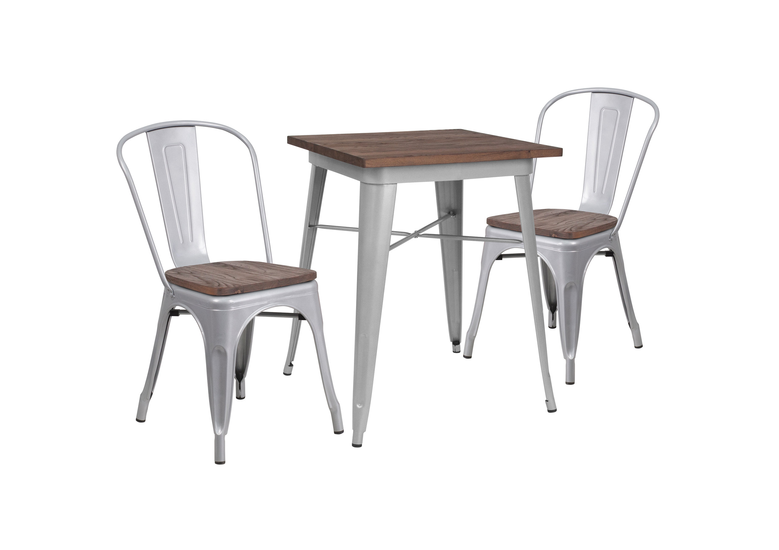 23.5" Square Silver Metal Table Set with Wood Top and 2 Stack Chairs ...