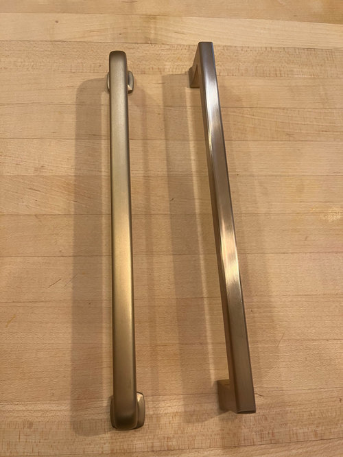 Emtek satin brass finish - looks different on different pulls! | Houzz ...