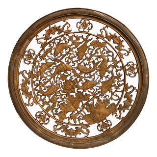 Chinese Round Shape Koi Fishes Lotus Wood Wall Hanging Panel Hws2968 ...