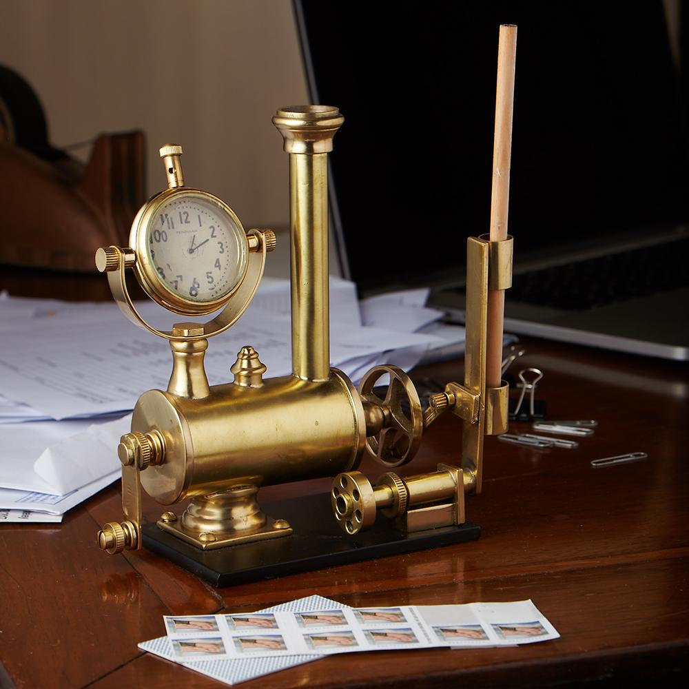 Vintage Style Steam Engine Clock Desk Set, Pencil Holder Gold Accessory ...