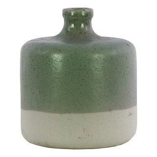 Ceramic Round Narrow Neck White Banded Rim Bottom Vase, Small, Green ...