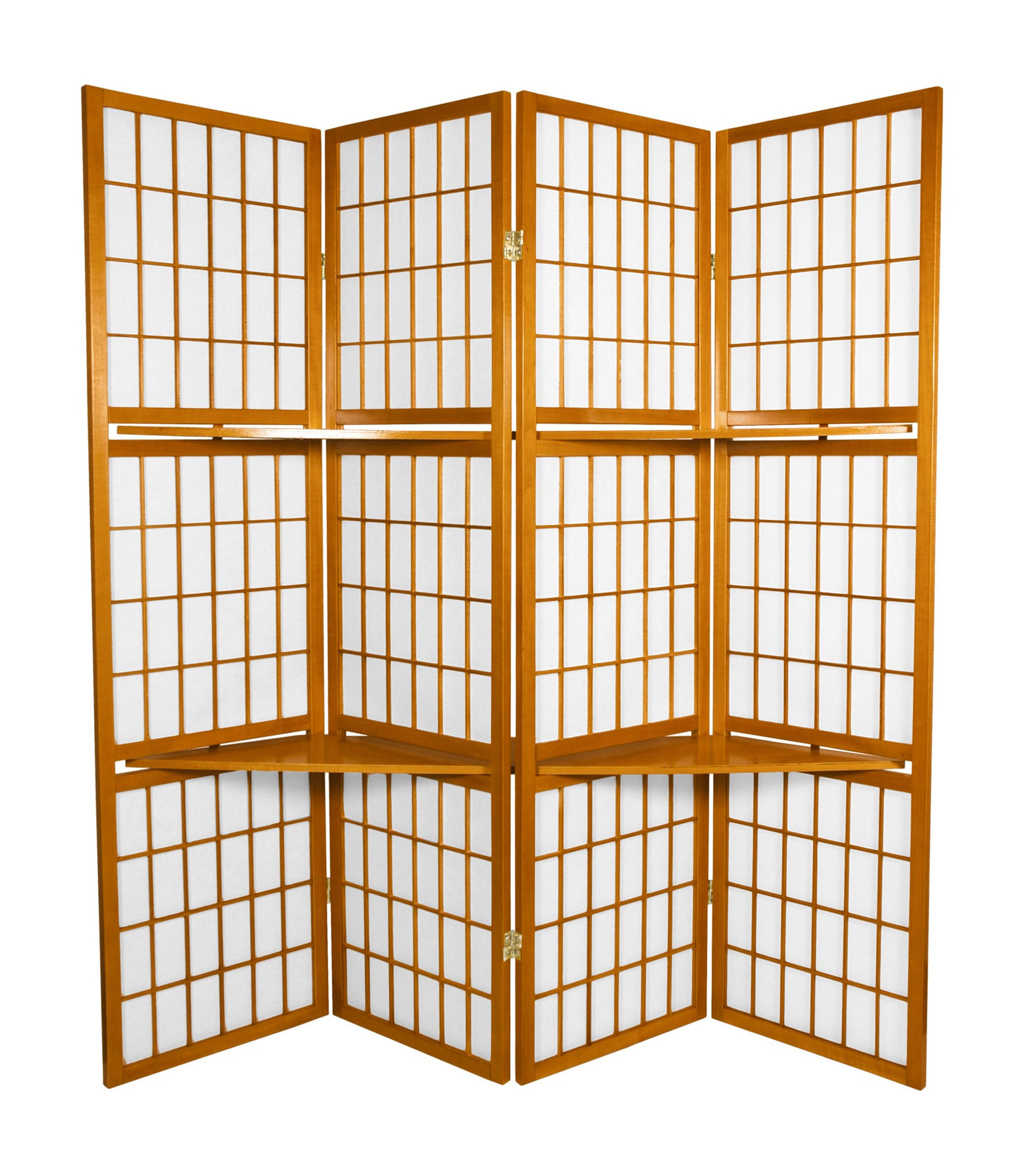Tall Room Divider, Rice Paper Panels With Window Pane Pattern & Shelves ...