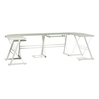 Contemporarty Desk, Angled Metal Legs With Glass Table Top & Open Shelf ...