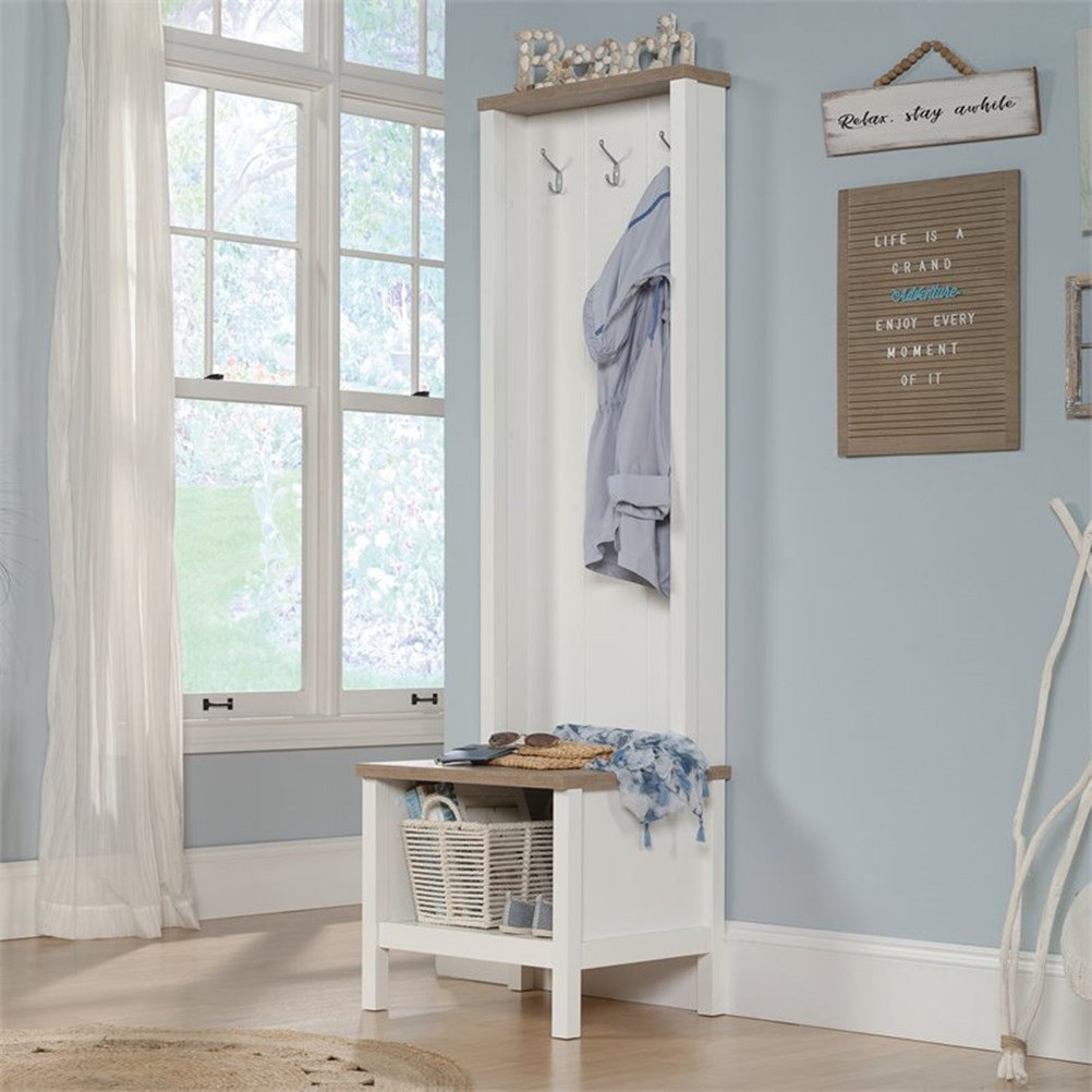 Pemberly Row Farmhouse Engineered Wood Hall Tree with Bench in White ...