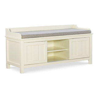 Linon Lakeville Entryway Storage Bench Padded Seat Sliding Doors in ...