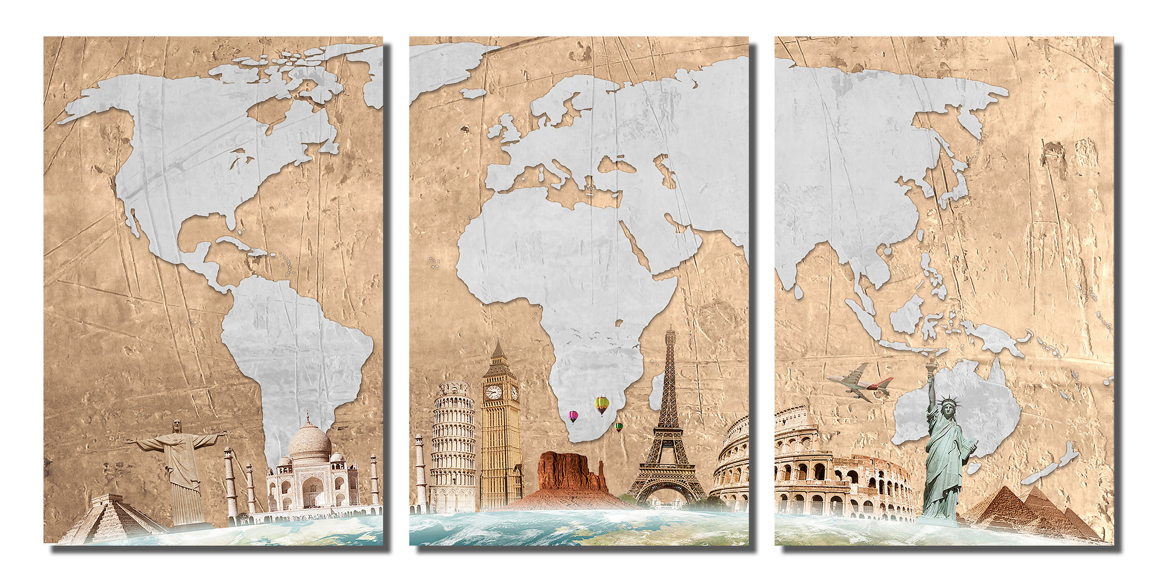Raffia Beige Travel World Map, 3 Panel Split, Triptych Wall Art, 72x36 ...