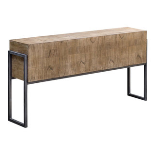 Luxe Minimalist Wood Block Slab Console Table Contemporary Modern Iron ...