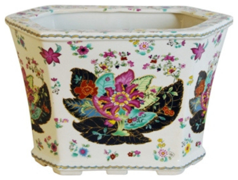 Beautiful Oriental Tobacco Leaf Hexagonal Porcelain Pot - Asian ...