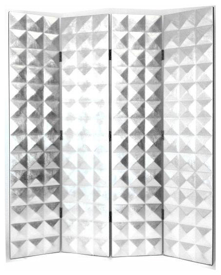 Wooden 4 Panel Room Divider with Raised Geometric Prism Design, Silver ...