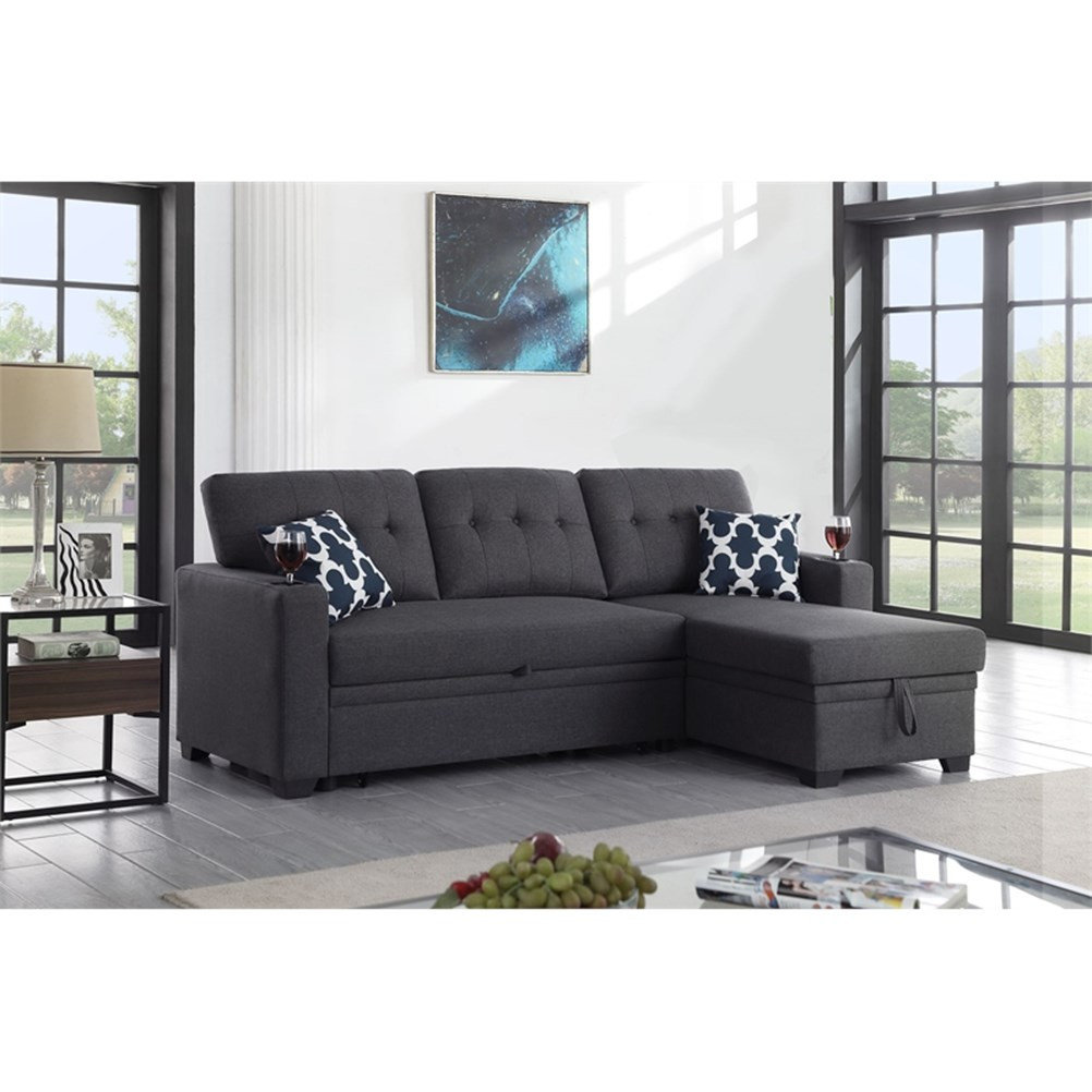 Reversible Fabric Sleeper Sofa Bed & Chaise with Cup Holder-Dark Gray ...