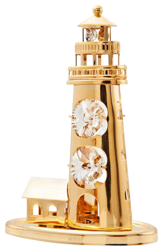 24K Gold Plated Crystal Studded Lighthouse Ornament With Clear Crystals ...