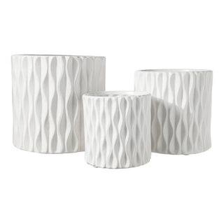Round Ceramic Pot with Embossed Wave Pattern Matte White Finish, Set of ...