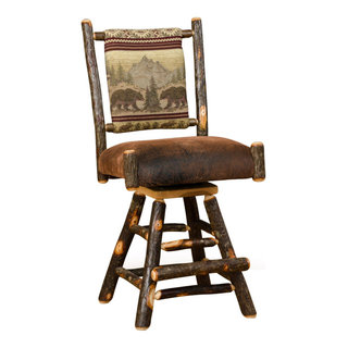 Hickory Log Straight Back Swivel Barstool with Faux Brown Leather Seat ...