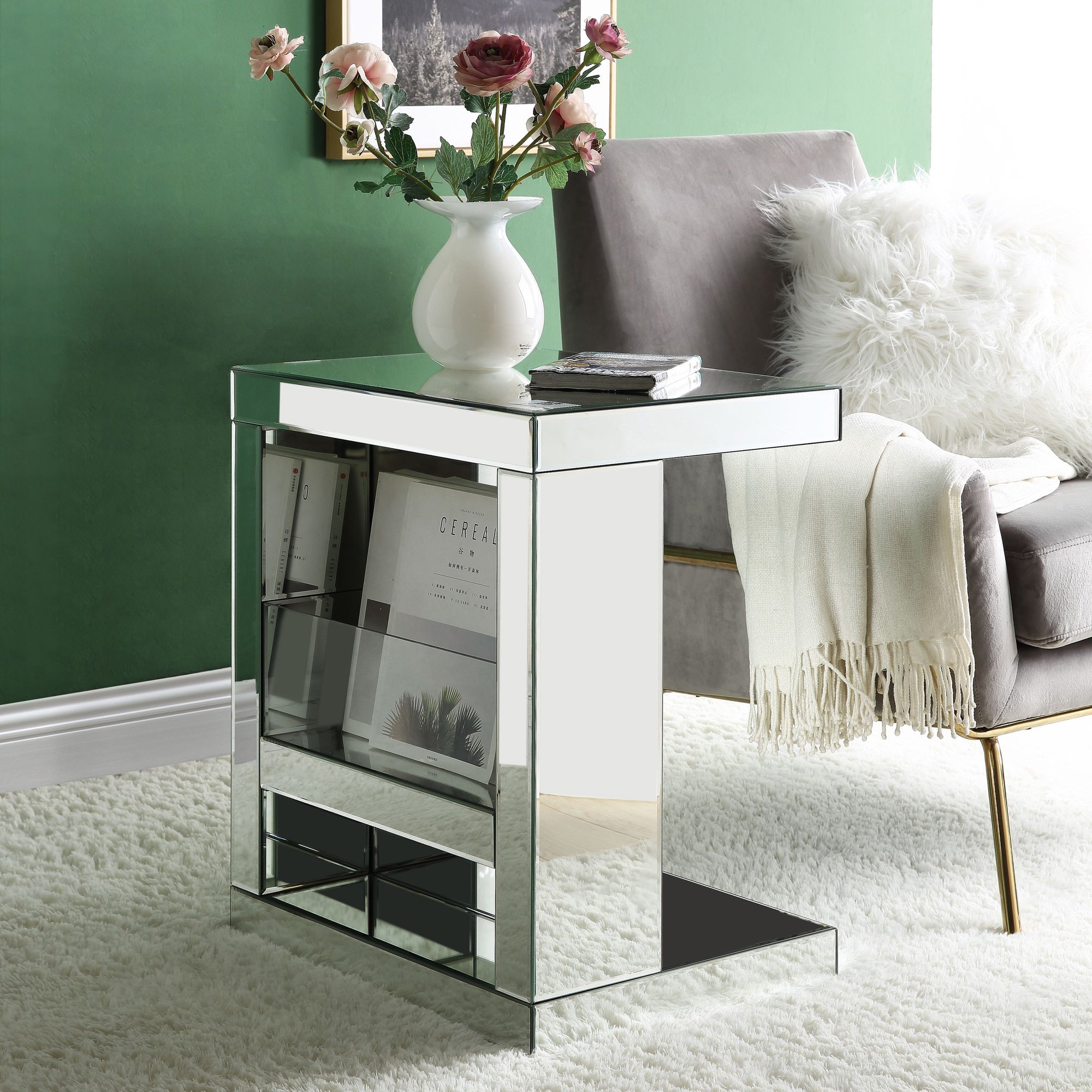 Contemporary Modern Side Table, Mirrored Design With Open Shelf ...
