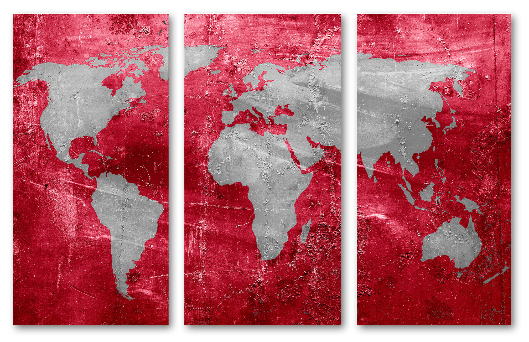 Red and Silver World Map Canvas Print, 3 Panel Split, Triptych Wall Art ...