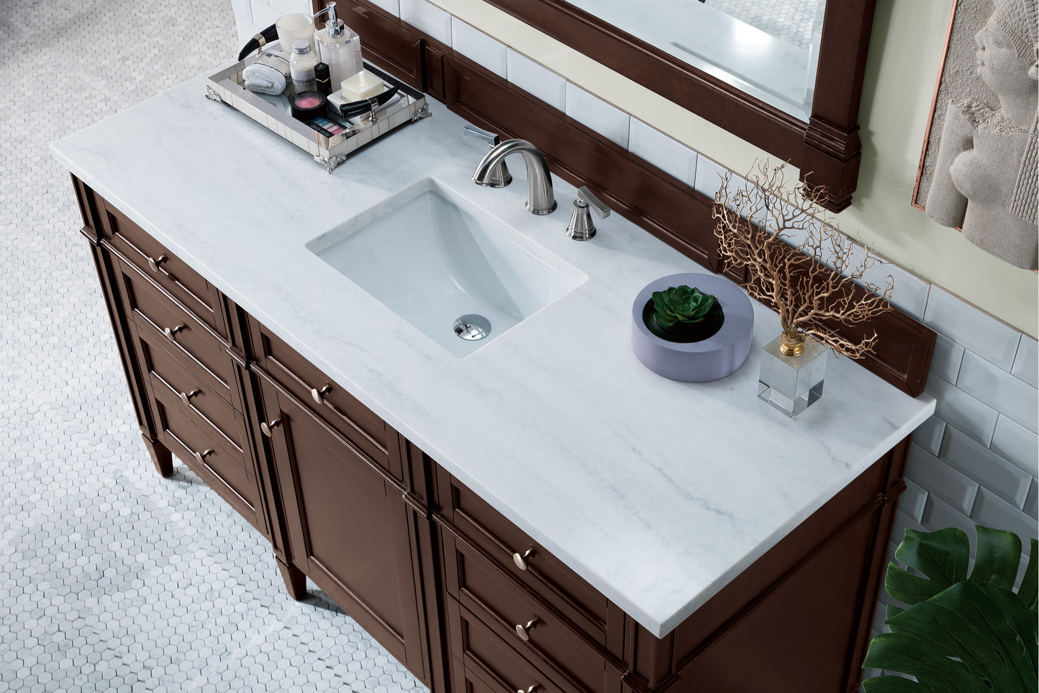 Brittany 60" Burnished Mahogany Vanity, Arctic Fall Solid Surface Top ...