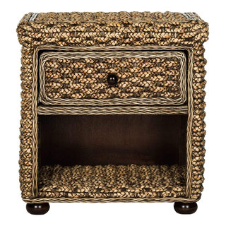 Coastal Nightstand, Black Painted Bun Feet and Abaca Rattan Body, Brown ...