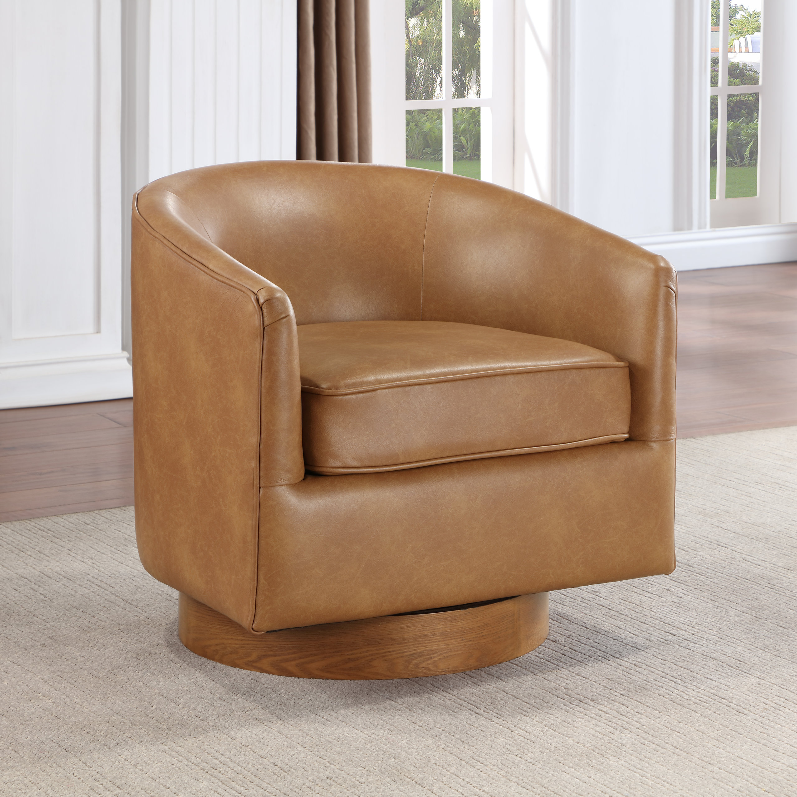 Irving Faux Leather Wood Base Barrel Swivel Chair Contemporary