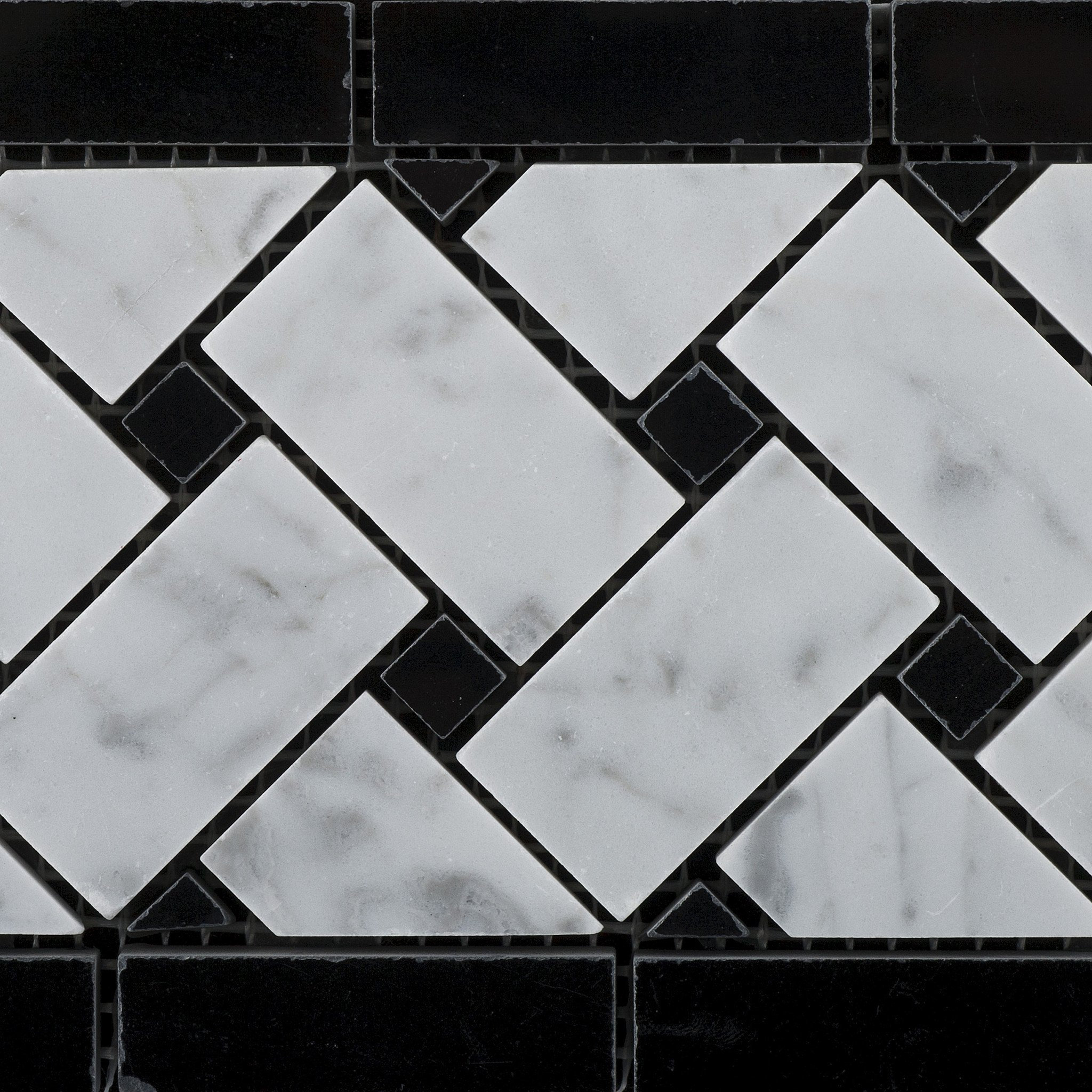 Carrara White Marble Polished Basketweave Border Listello w/ Black Dots ...