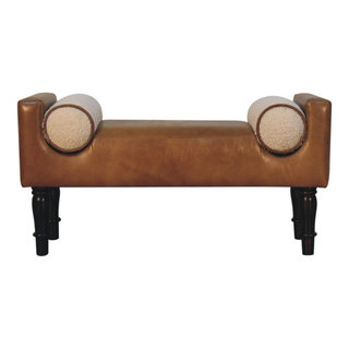 Solid Wood Chester Buffalo Bench, Brown & White, Upholstered - Modern ...