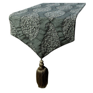 Decorative Table Runner Grey Jacquard Silk, Beaded Tassels - Celestial ...