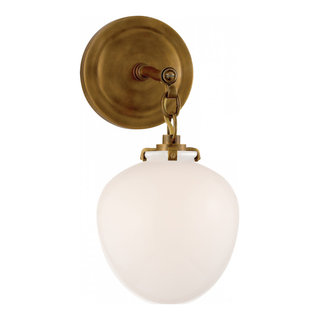 Bathroom Wall Sconce, 1-Light Acorn, Hand-Rubbed Brass, White Glass, 13 ...
