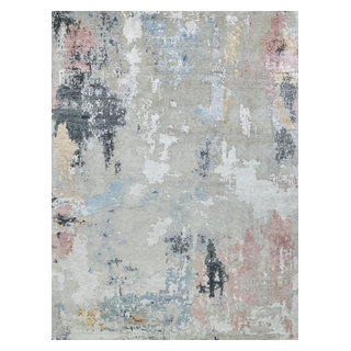 Cosmo Hand-knotted Wool/Bamboo Silk Silver/Blue/Beige Area Rug, 12'x15 ...