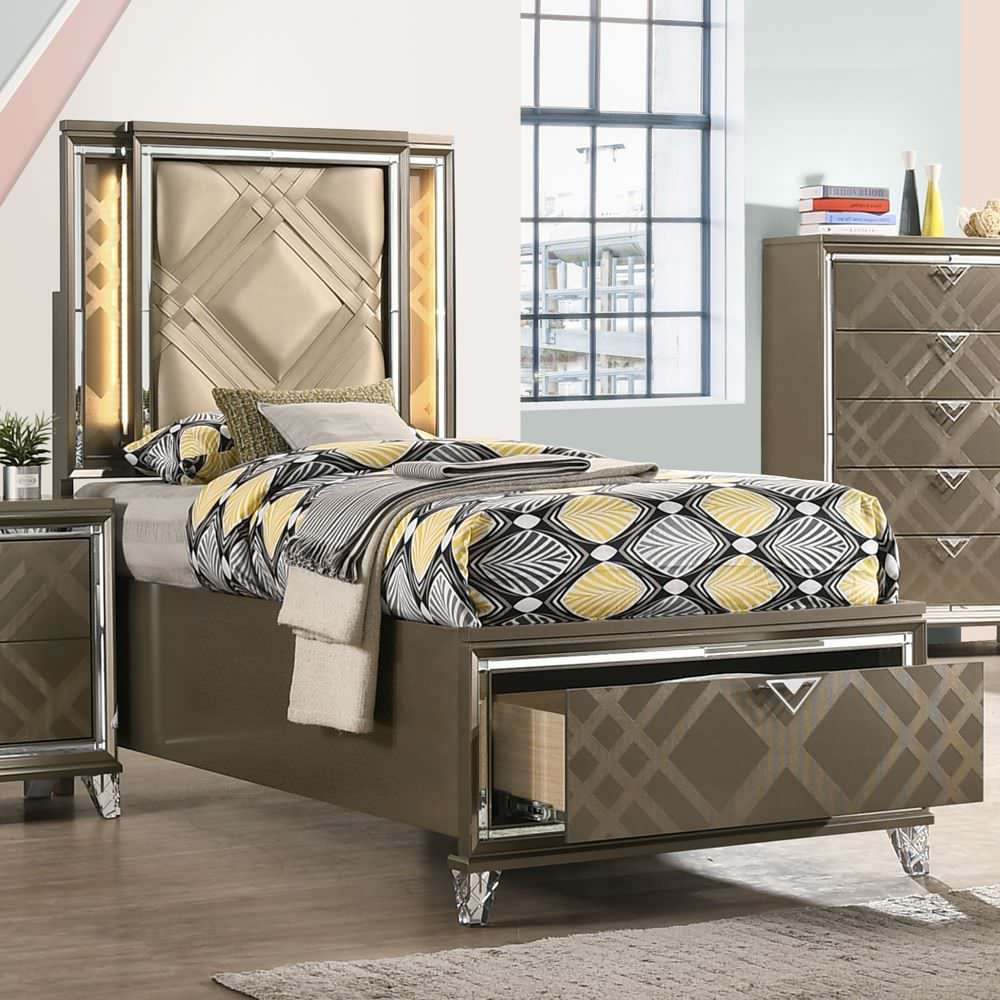 ACME Skylar Full Bed With Storage, LED, PU and Dark Champagne ...