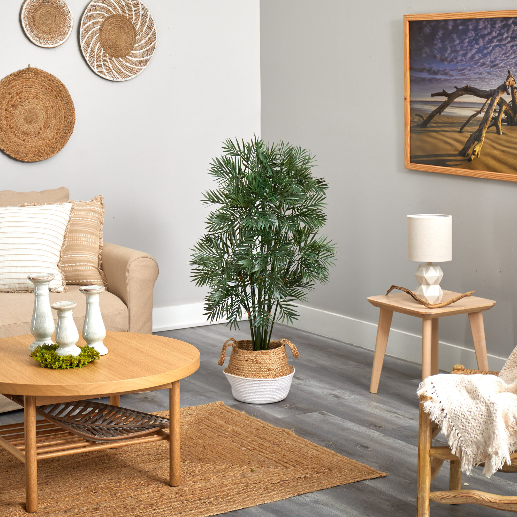 4' Parlor Palm Faux Tree, Boho Chic Handmade Cotton and Jute White ...