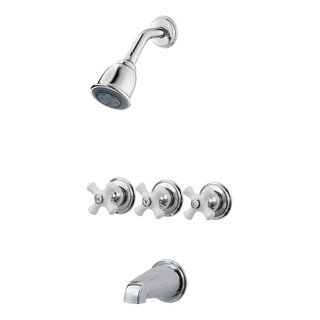 3 Handle Tub and Shower Faucet Trim With Porcelain Cross Handle ...