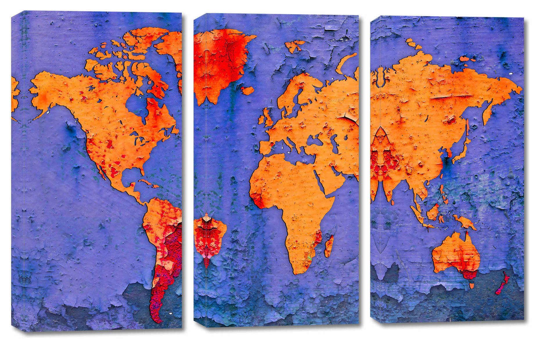 Slate Blue And Orange World Map, Canvas Print, 3 Panel Split, Triptych ...
