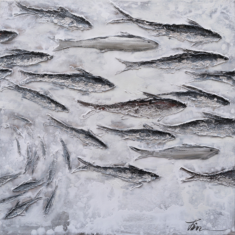 "School of Fish" Hand Painted Canvas Art, 80"x40" - Beach Style ...