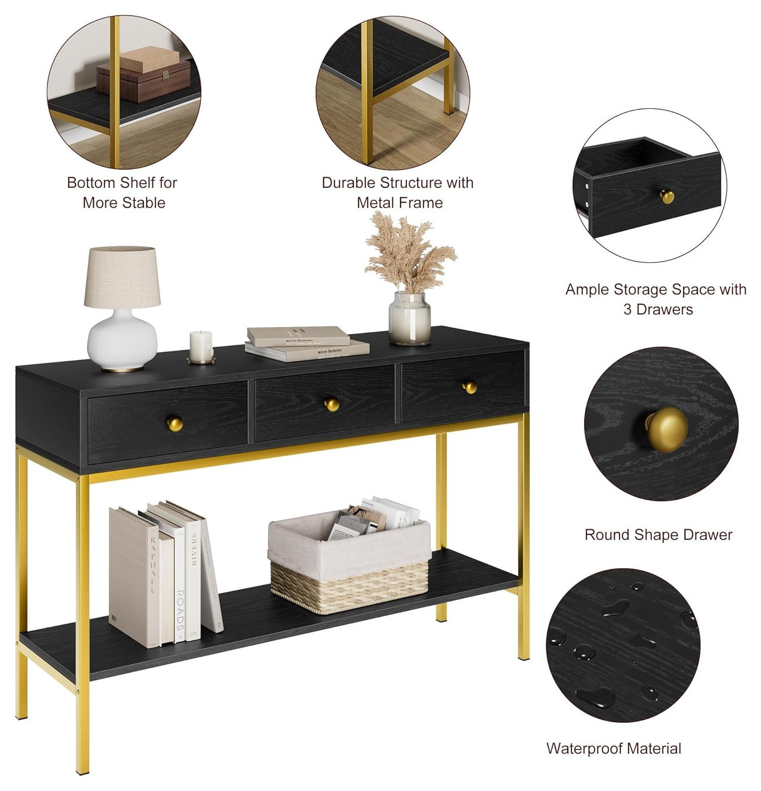 Modern Console Table, Golden Metal Frame & 3 Drawers With Rounded Knobs ...