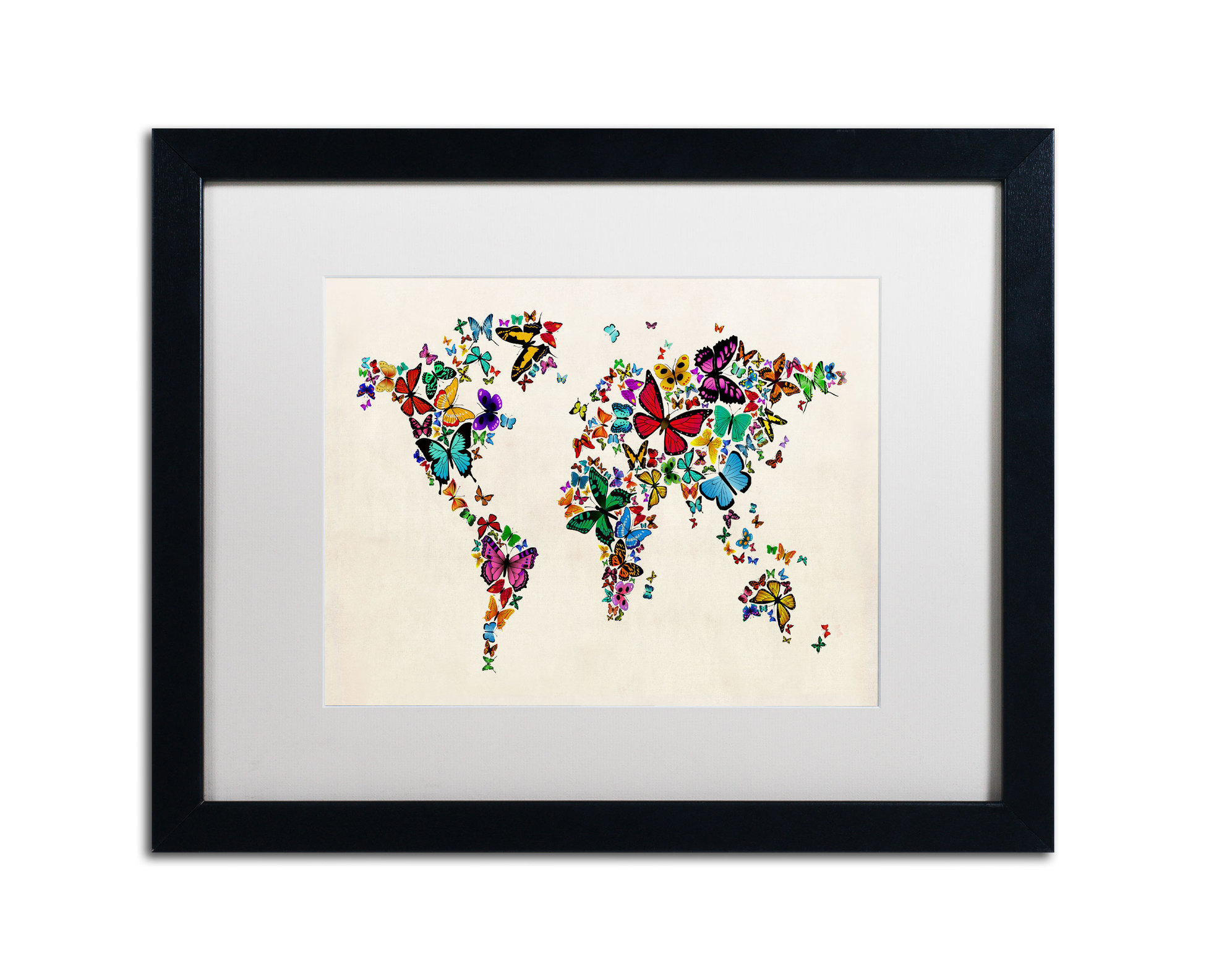 'Butterflies Map of the World II' Matted Framed Canvas Art by Michael ...