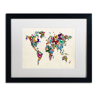 'Butterflies Map of the World II' Matted Framed Canvas Art by Michael ...