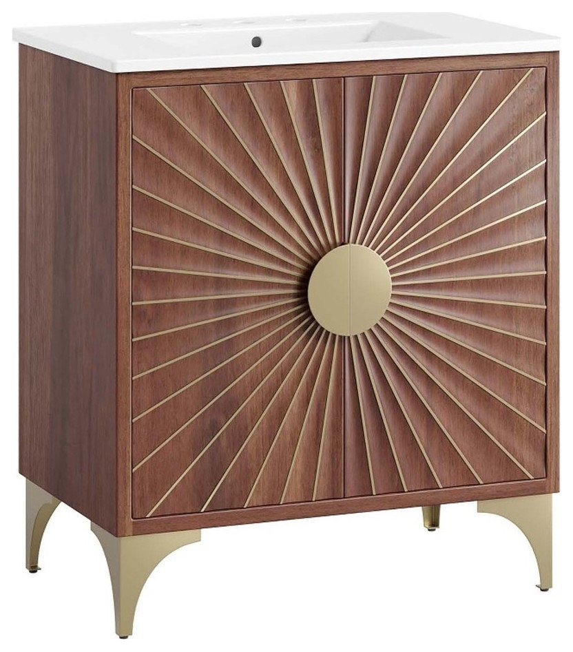 Modway Daylight 30" Solid Mango Wood Bathroom Vanity in White/Walnut ...