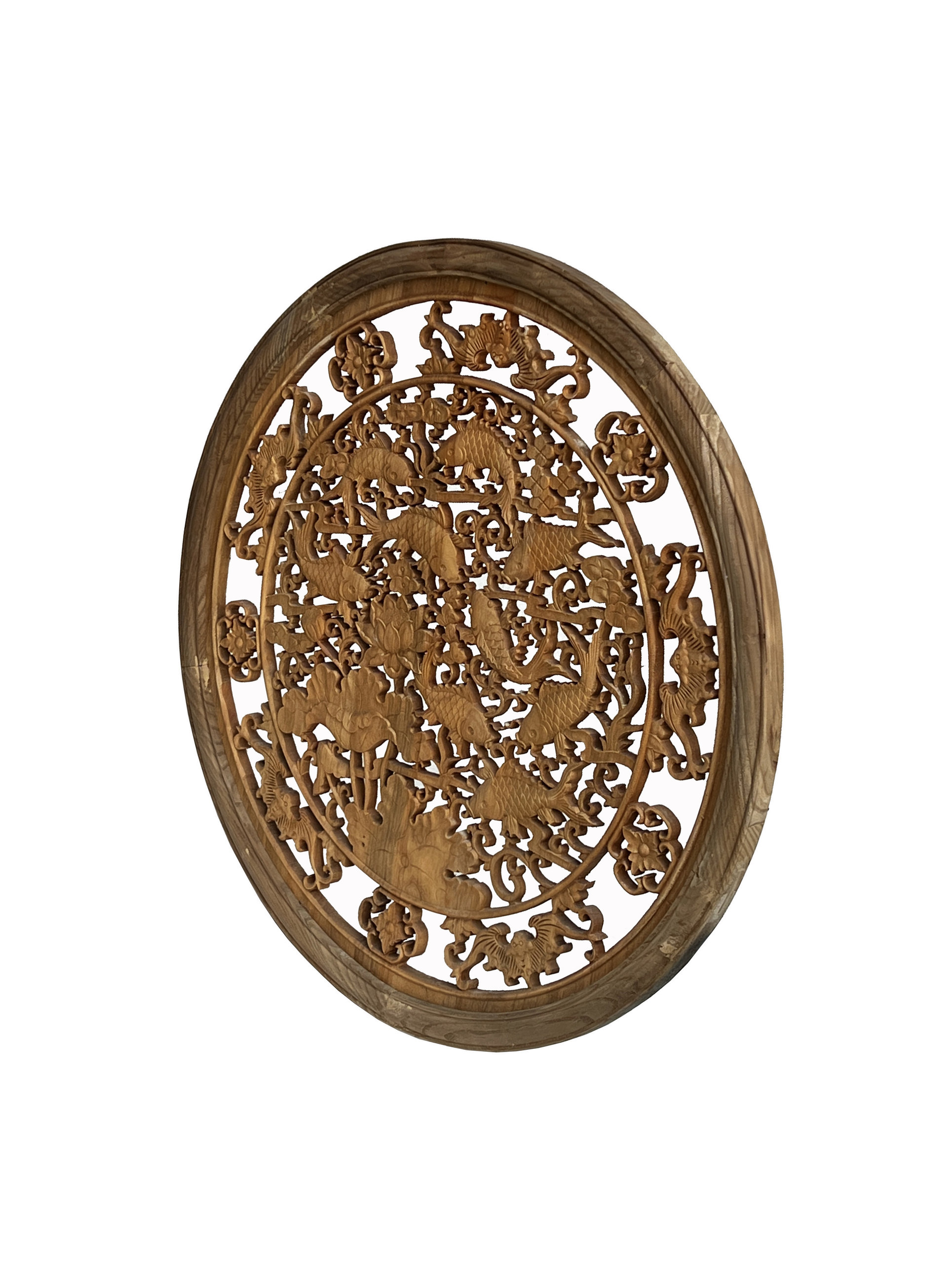 Chinese Round Shape Koi Fishes Lotus Wood Wall Hanging Panel Hws2968 ...