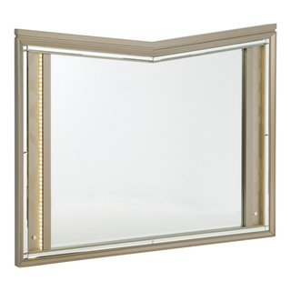 V Notch Design Wooden Frame Mirror with LED Light, Silver ...