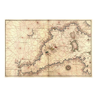 "Portolan/Navigational Map of Mediterranean," Paper Art, 24"x17", 32 ...