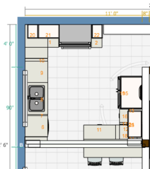 Two in-progress layouts for 11'x11' kitchen. Which is better?
