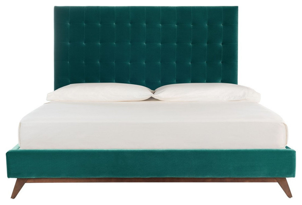 Earhart Velvet Tufted King Bed Dark Seafoam - Midcentury - Platform ...