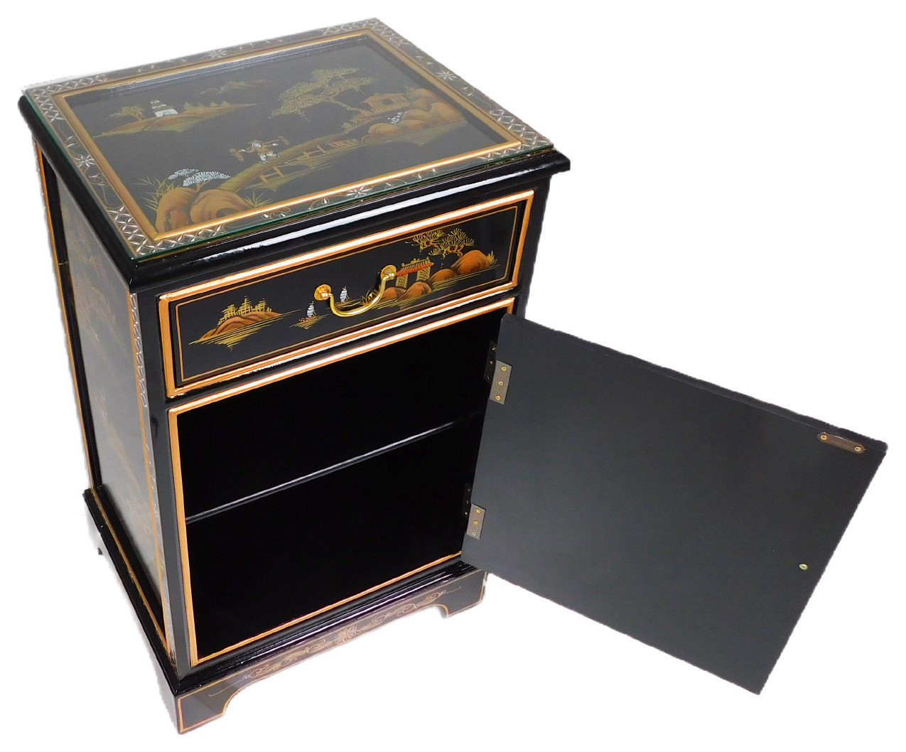Black Lacquer Oriental End Table With Landscape Painting - Asian - Side ...