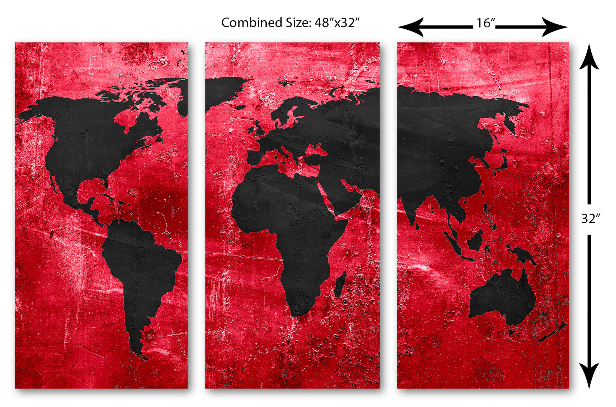 Red and Black World Map Canvas Print, 3 Panel Split, Triptych Wall Art ...