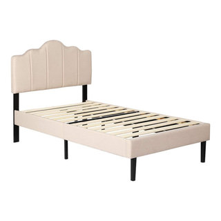 Twin Platform Bed with Adjustable Headboard, Wavy Design & Metal Frame ...