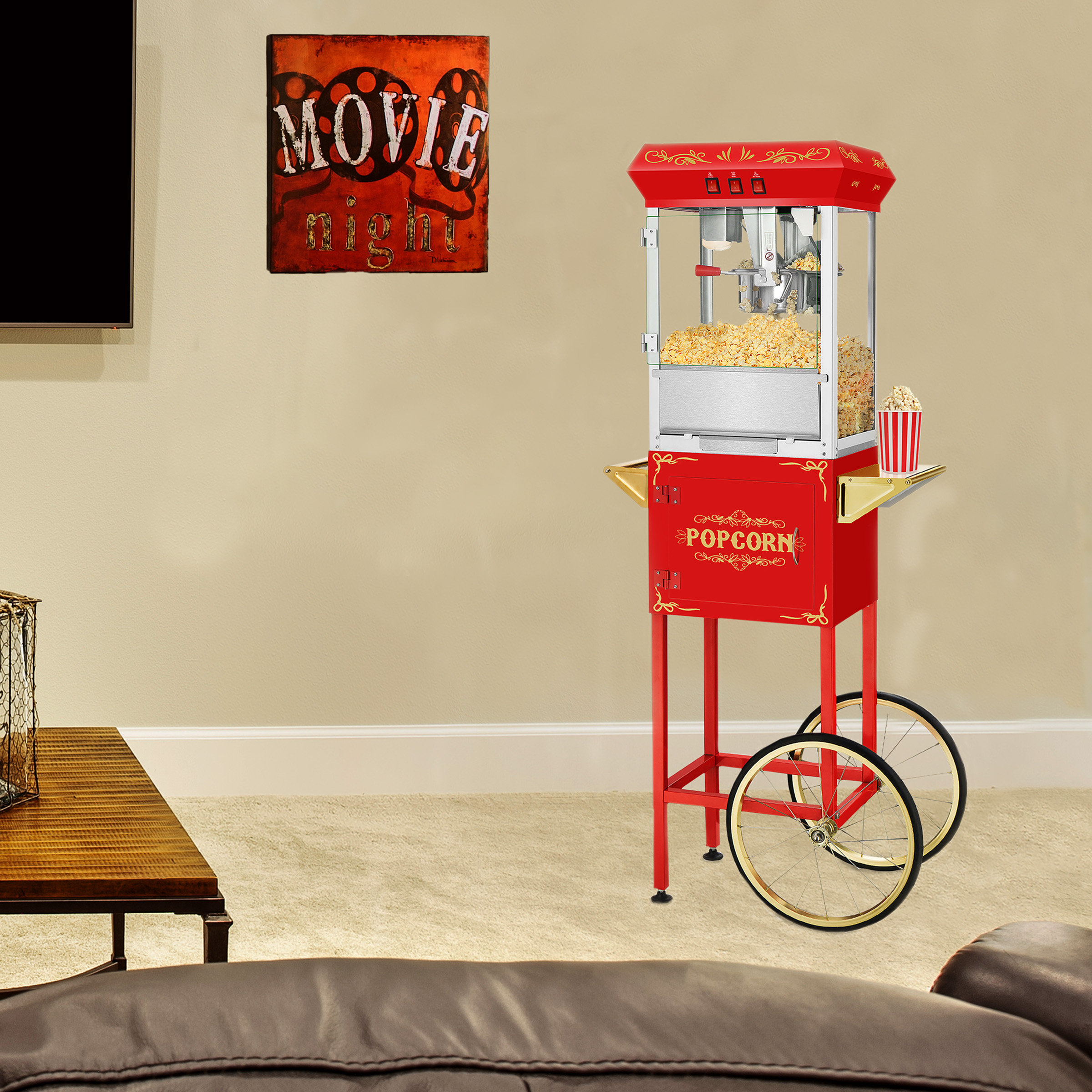 Movie Night Popcorn Machine 3-Gallon Antique Popper With Cart, 8oz ...
