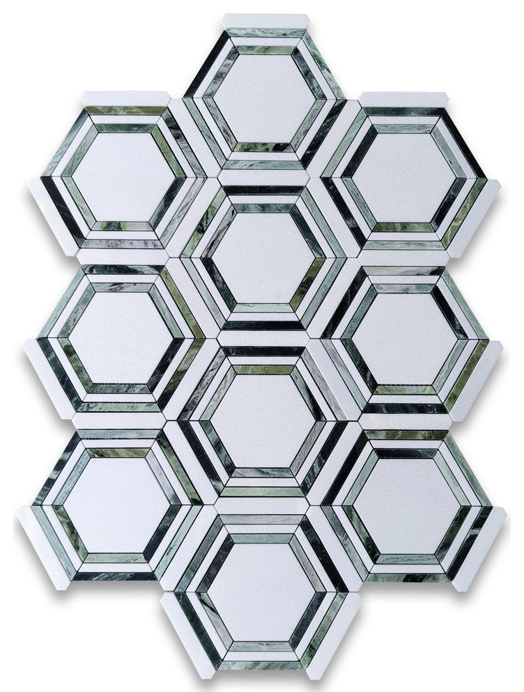 Thassos White Marble Hexagon Georama Mosaic Tile Sagano Vibrant Green ...